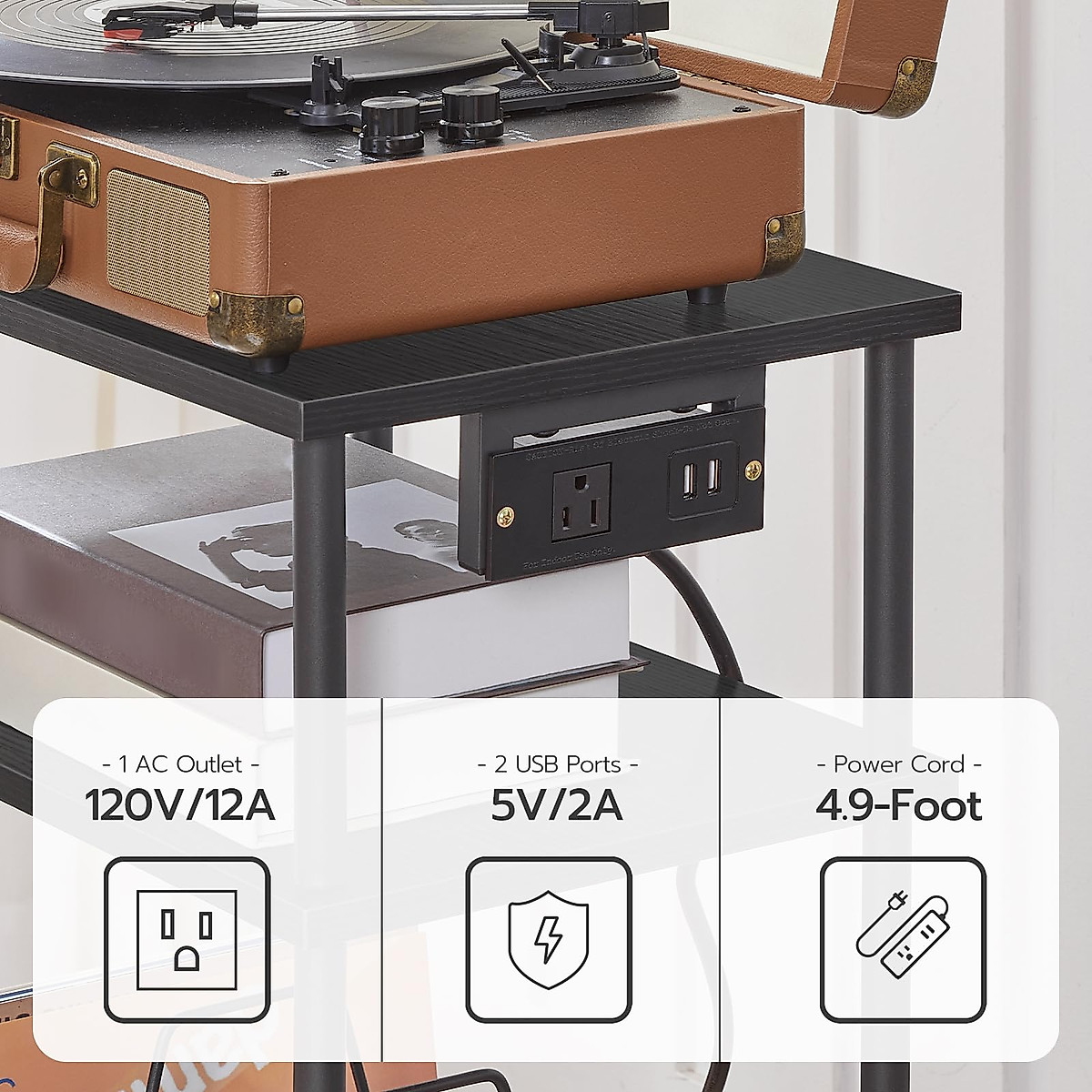 HOOBRO 3-Tier Record Player Stand, Vinyl Record Holder with Charging Station, Record Player Table with Storage Shelf, Turntable Stand for Music Room, Living Room, Bedroom, Black BB02URS01