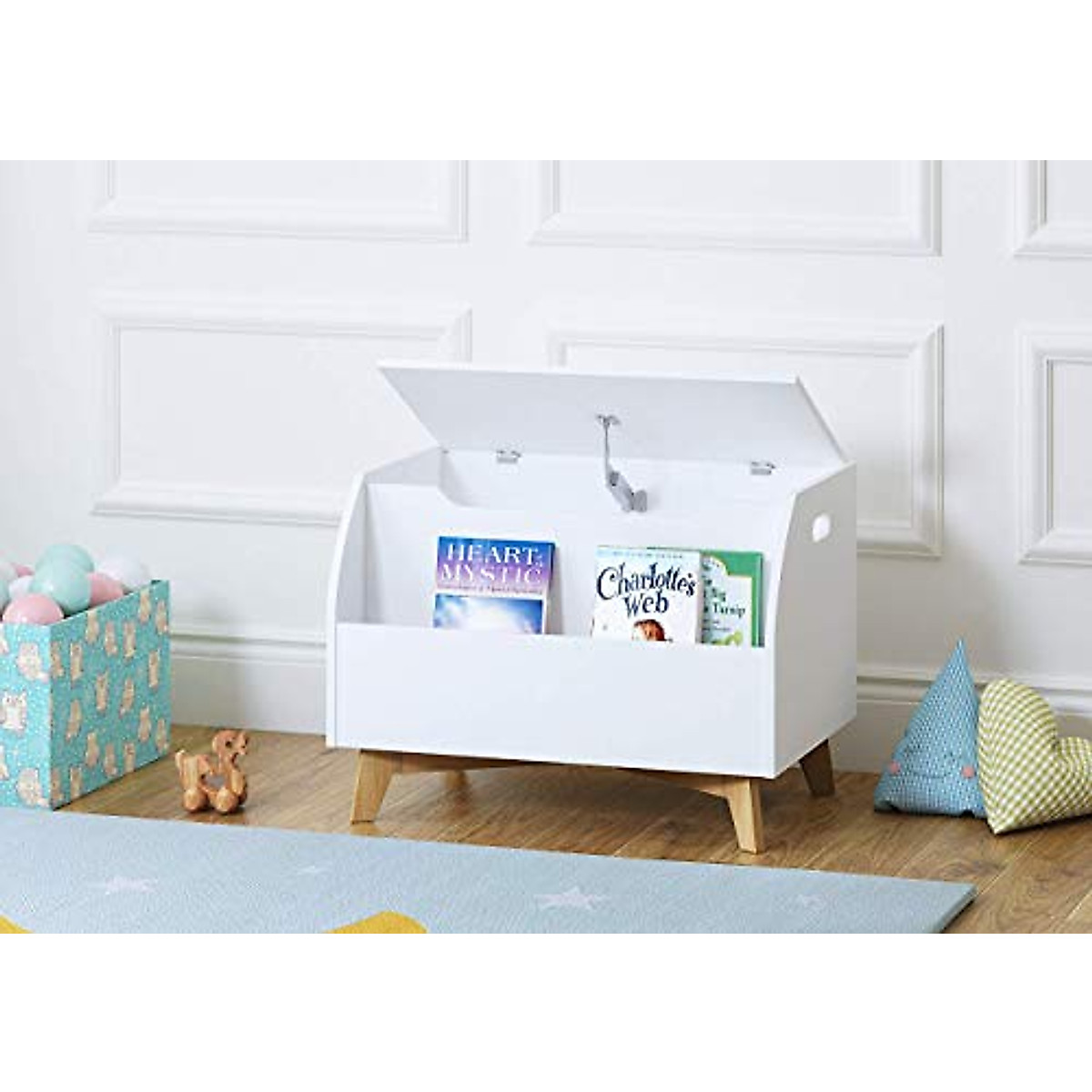 UTEX Children Toy Box with Front Book Storage Area, Kids Toy Storage Bench, White