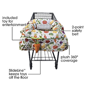 Boppy Shopping Cart Cover, Multi-Color Farmers Market Veggies, with Changeable SlideLine Carrot Toy, Plush Comfort with 2-Point Safety Belt, Wipeable and Machine Washable, 6-48 Months