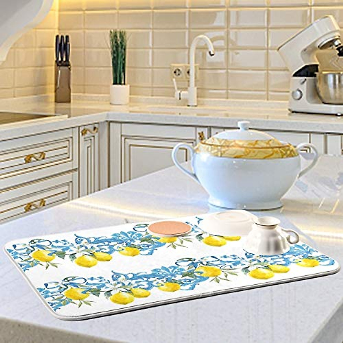 Tamniee Lemons Dish Drying Mat Yellow Blue Kitchen Dry Mats Decor Absorbent Baby Bottle Pad for Home Counter Drainer Countertops, 16x18in (g69531602p523c558s1113)