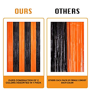 2 Pack Black and Orange Tinsel Foil Fringe Curtains, Halloween Party Photo Backdrop Streamers Backdrop for Birthday Anniversary Party Halloween Party Decoration