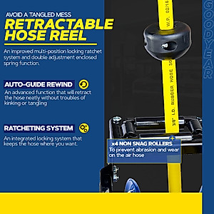 Goodyear Air Hose Reel Retractable 1/2" Inch x 50' Foot Long Premium Commercial Driven Sbr Hose Max 300 Psi Reinforced Steel Construction Heavy Duty Retractable Spring Industrial Dual Arm and Pedestal