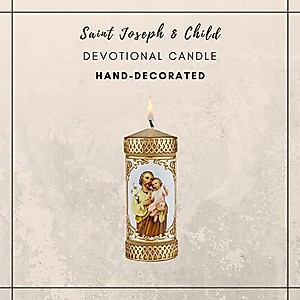 St Joseph and Child Catholic Prayer Candle, Devotional Unscented Hand Decorated Candles Fathers Day Decoration for Churches or Homes, 4.75 Inches