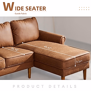 Weaxty 81.55" Sofa Couch, L Shaped Faux Leather Sectional with Chaise Suede Fabric Couch Sofas with Comfortable Cushions for Small Space Living Room Apartment, Right Chaise Brown