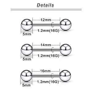 Ocptiy 16G Titanium Nipple Tongue Ring Piercing Jewelry for Women 12mm 14mm 16mm Externally Threaded Stainless Surgical Steel Long Nipple Tongue Shield Barbell Ring Bar Piercing Jewelry for Women Men