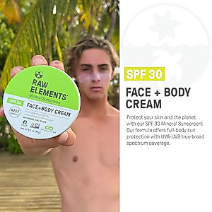 Raw Elements Face and Body Mineral Sunscreen SPF 30 Tin, Organic Sunblock Daily Protection, Non Toxic Reef Safe, Water Resistant, Cruelty Free, Plastic Free, 3 oz (Pack of 1)