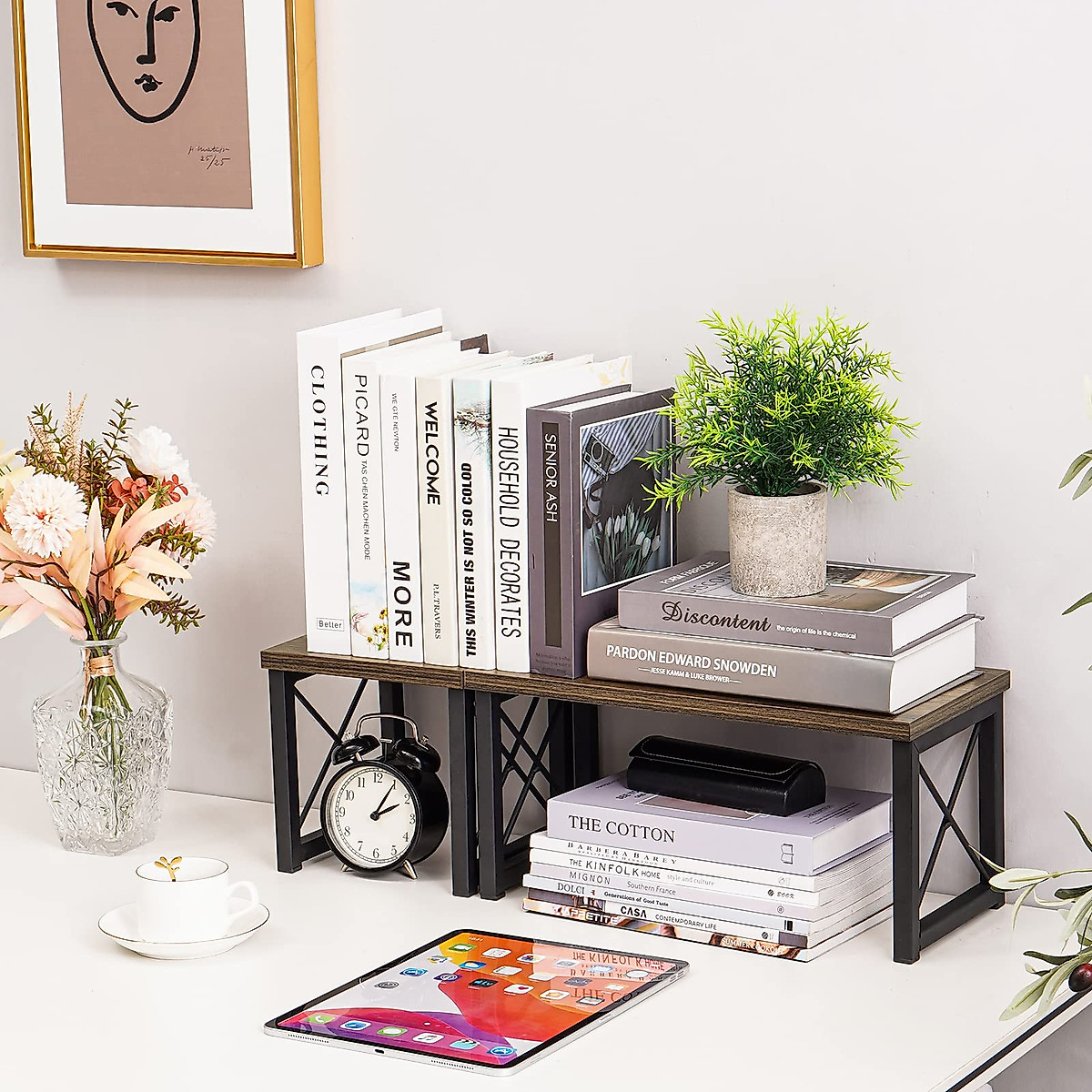 Giikin Wood Desktop Shelf - Table Top Corner Shelf Stand - Kitchen Counter Organizer - Multi-Purpose Adjustable Riser for Monitor Cups Jars Spices - 2 Tier Independent Stackable Desk Stand…