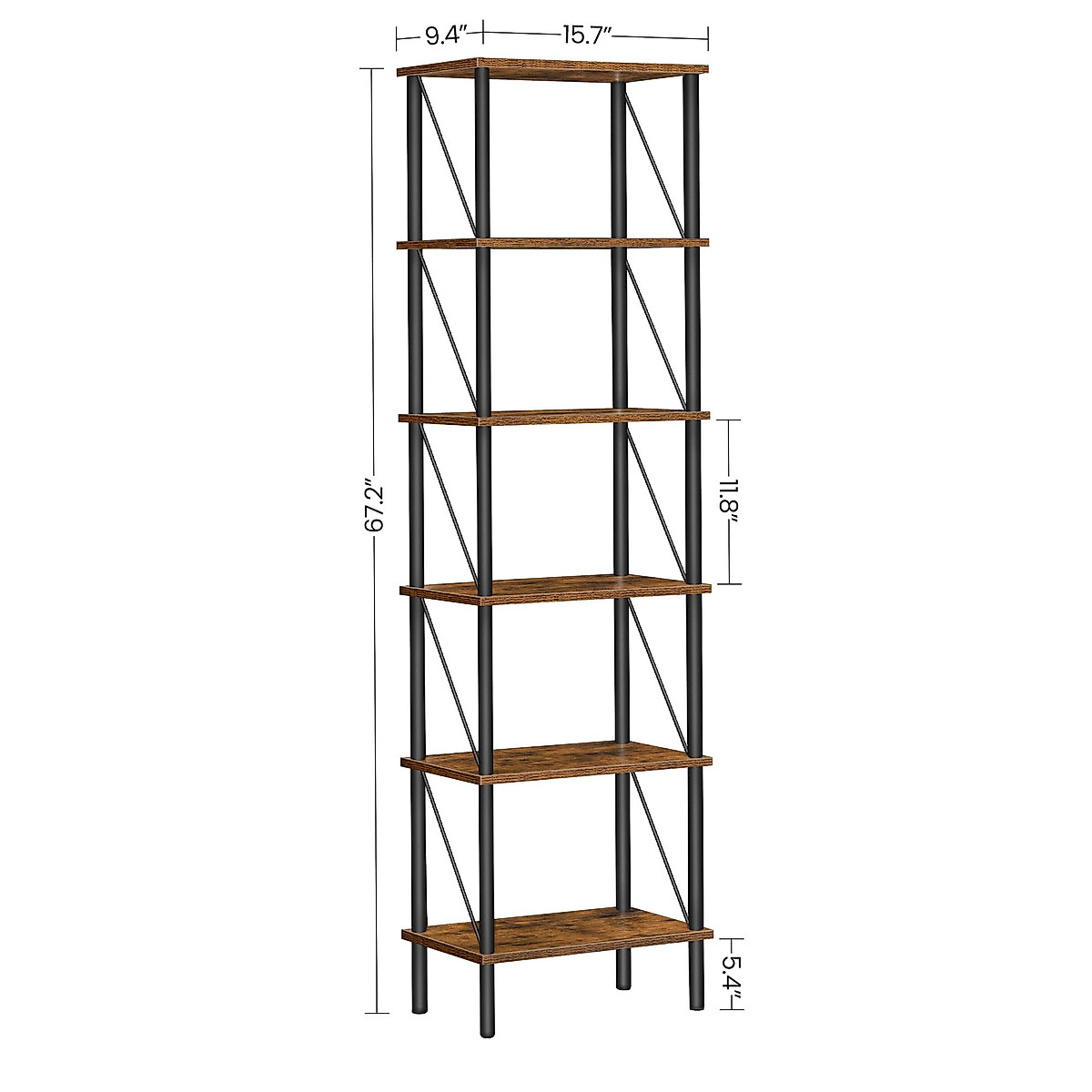 CHOEZON Narrow Book Shelf 6-Tier 67.2" Tall Bookcase with Protective Diagonal Braces, for Living Room, Bedroom, Study, Balcony, Rustic Brown and Black TCJ06BF