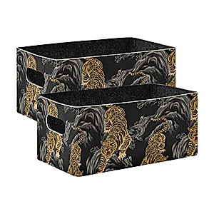 Emelivor Asian Tiger Storage Basket Bins Set (2pcs) Felt Collapsible Storage Bins with Fabric Rectangle Storage Organizing Baskets for Office Bedroom Closet Babies Nursery