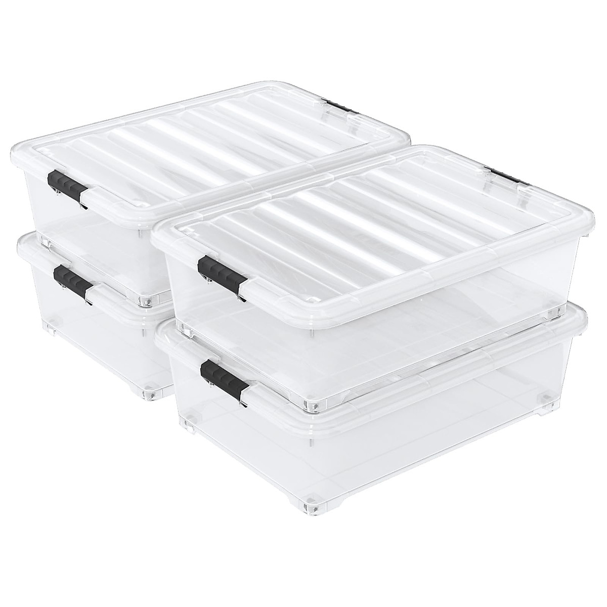 Tyminin 50 Quart Rolling Under Bed Storage Containers, 4-Pack 7.5 Inches Tall Low Profile Underbed Clothes Storage Organizer Bin with Sturdy Wheels, Clear