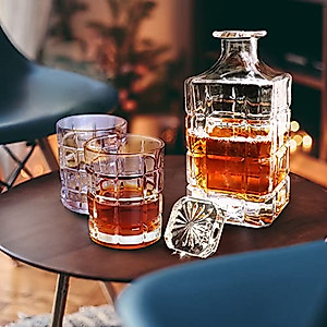 DLATRE Whiskey Decanter Piece Sets, Artisan Crafted Lead-Free Crystal Glass Liquor Carafe with Ornate Glass Stopper and 4 Engraved Tumblers, Scotch Bourbon Whisky Dispenser, Comes with Gift Box