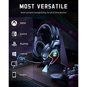 Gaming Headset for Xbox One PS4 PS5 PC Switch, Noise Canceling Headphones with Microphone, 3.5mm Audio Jack, Auto-Adjust Headband, 50mm Drivers, RGB Light, Lightweight Wired Gaming Headphones-Black