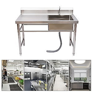 Commercial Restaurant Sinks, Stainless Steel Utility Sink, Large Single Bowl Sink, With Drainboard&Faucet Commercial Restaurant Kitchen Sink Set,Freestanding Utility Sink and Countertop for Restaurant