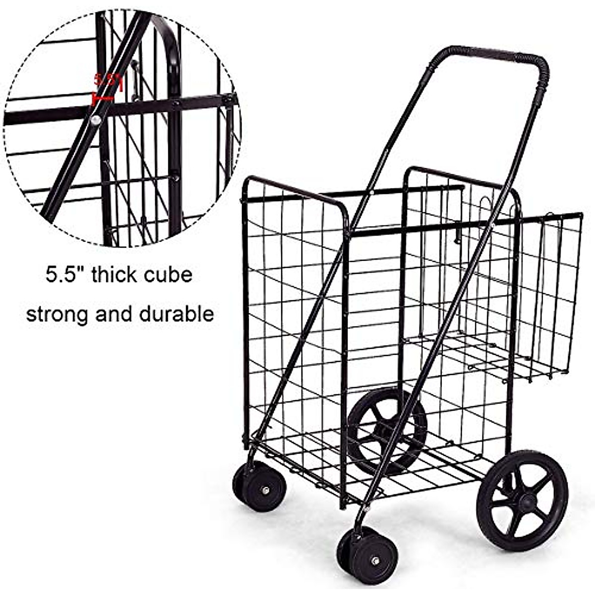 HOMGX Jumbo Folding Shopping Cart w/ 360° Swivel Wheels, Portable Laundry &Utility Cart w/ Double Basket, Space-Saving, Metal Rolling Grocery Cart on Wheels, Heavy Duty Shopping Cart for Groceries
