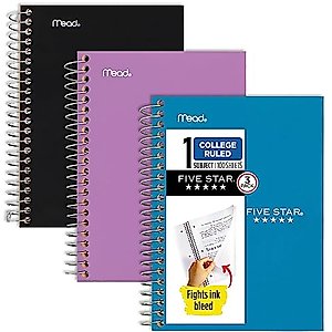 Five Star Personal Spiral Notebooks, 3 Pack, 1 Subject, College Ruled Paper, 7" x 4-3/8", Small Size, 100 Sheets, Black, Tidewater Blue and Amethyst Purple (38643)