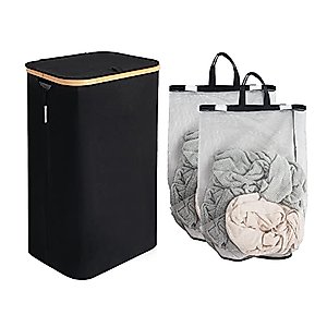 StorageWorks Large Laundry Hamper with Lid, 100L Tall Laundry Basket with Bamboo Handles and 2 Removable Inner Bag, Collapsible Laundry Hamper for Clothing, Toys, Towels, Black, 1-Pack