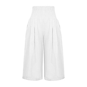 YMADREIG High Waisted Linen Pants for Women Dressy Casual Capris Wide Leg Summer Pants Elastic Waistband Gaucho Pants Workout Yoga Palazzo Pants Vacation Lounge Boho Pants with Pocket