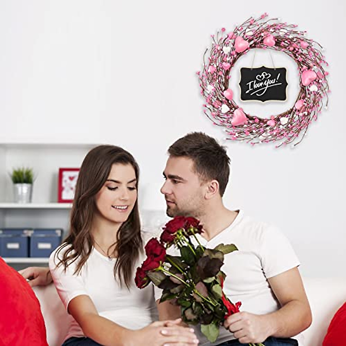 Artflower Pink Pip Berry Wreath Heart Shaped Artificial Decoration Rustic Twig Fake Garland Handmade Festival Gifts for Valentine's Day Wedding Garden Door Wall Hanging Home Indoor Office Decor