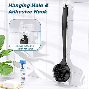 ManmiHealth Silicone Back Scrubber for Shower(Thick Bristles), Body Scrubber with 15'' Long Handle, Light & Easy-to-Hold Shower Brush for Skin Exfoliating and Massaging, Not Good in Lathering.(Black)