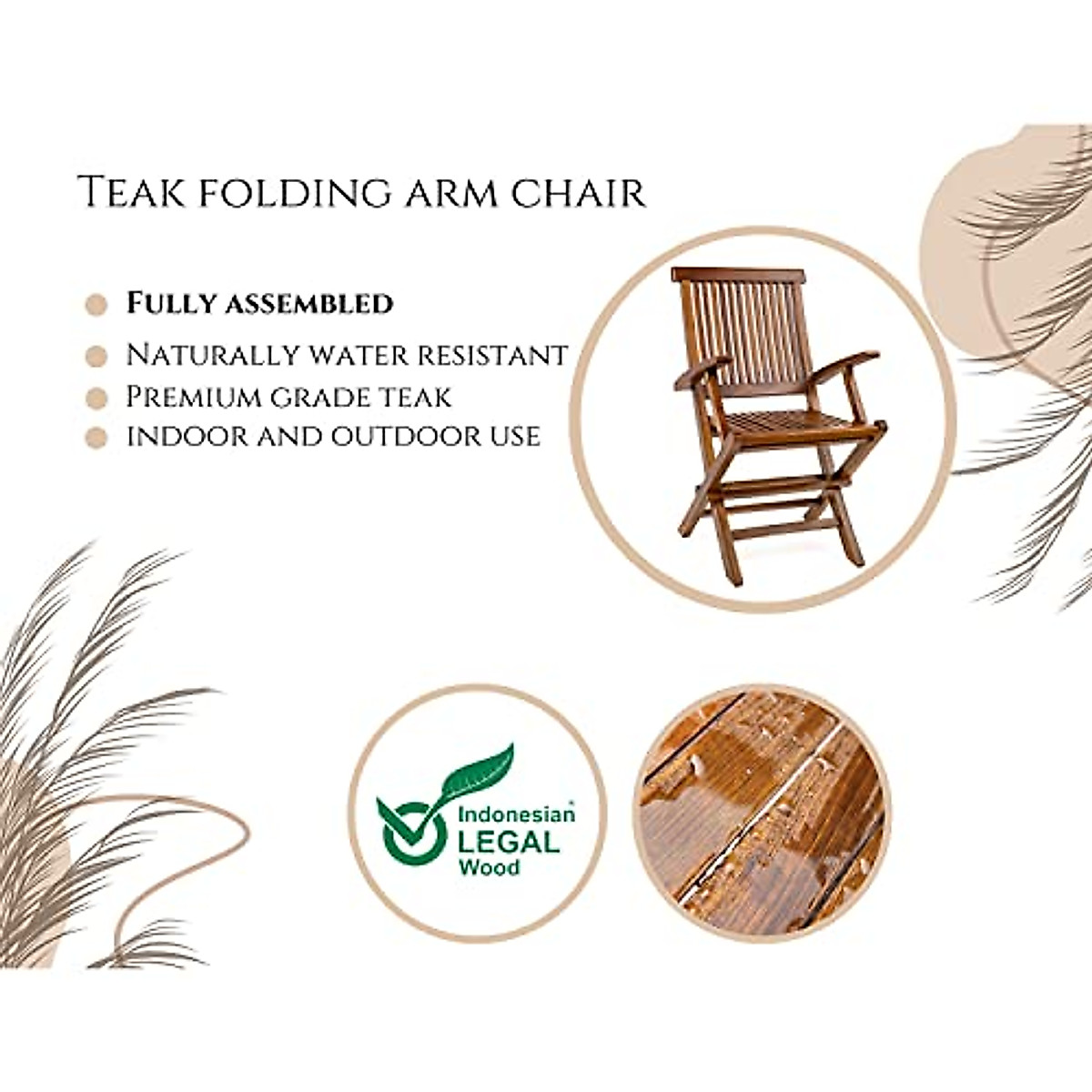 The Teaky Hut Teak Wood Water-Resistant Folding Armchair - Fully Assembled Foldable Chair, Great for Outdoor, Indoor, Dining Room, Kitchen, Patio, Bistro Use