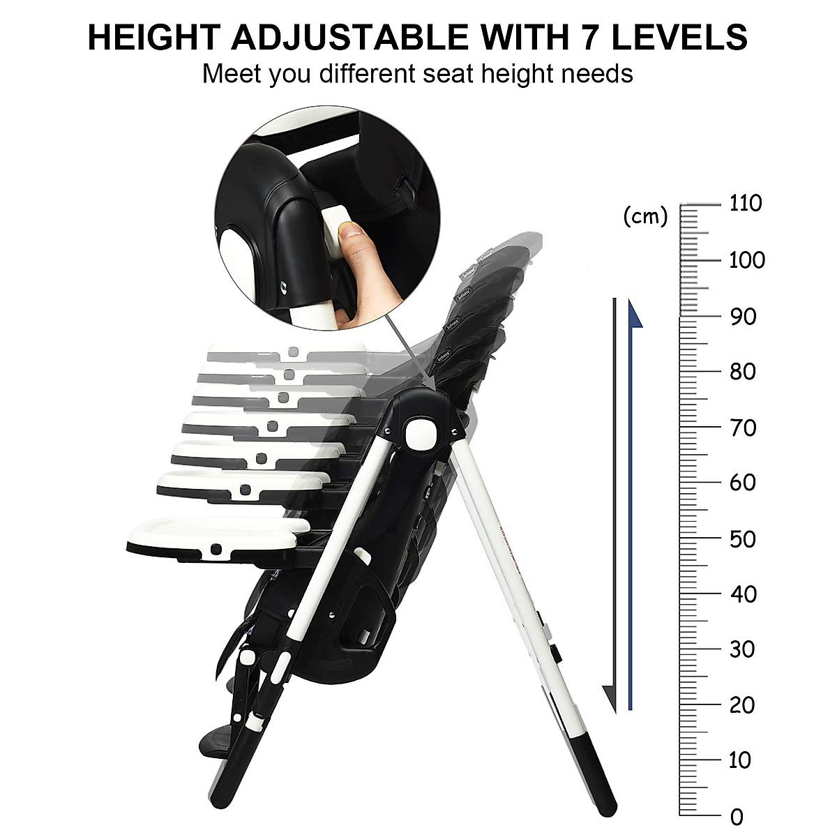 INFANS High Chair for Babies & Toddlers, Foldable Highchair with Multiple Adjustable Backrest, Footrest and Seat Height, Removable Tray, Detachable PU Leather Cushion, Built-in Rear Wheels (Black)