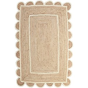 Arise Export Jute Bohemian Area Rug - 3' X 5' ft Scalloped Pattern Natural for Home Decor Item for Living Room Hallways Bedroom and Kitchen (Off White Colour 3' X 5' ft)