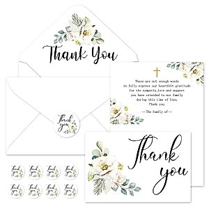 Whaline 48Pcs Funeral Thank You Cards Sympathy Thank You Card with Stickers Envelopes White Flower Bereavement Card with Message for Memorial Service Loved Ones Celebration of Life