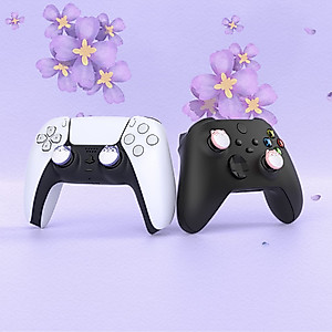PlayVital Husky & Kitty Cute Thumb Grip Caps for PS5/4 Controller, Silicone Analog Stick Caps Cover for Xbox Series X/S, Thumbstick Caps for Switch Pro Controller - Pale Red & Light Violet