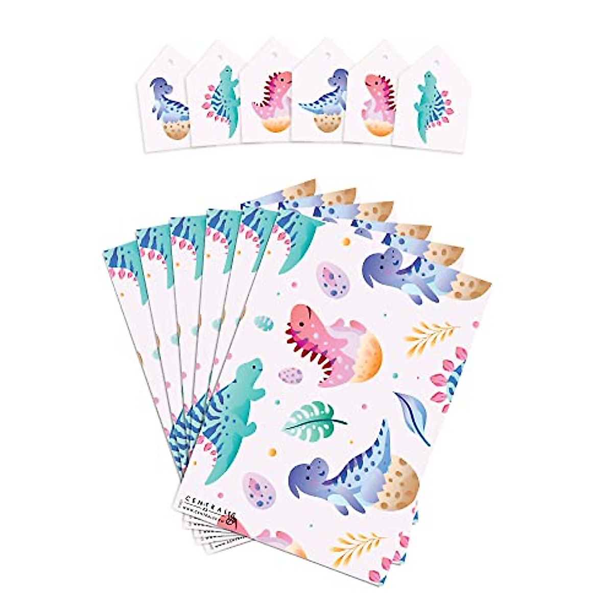 CENTRAL 23 Dinosaur Wrapping Paper - For Baby Boys and Girls - 6 Sheets Dinosaur Gift Wrap - For Birthday, Chritmas, Holiday, Baby Shower - Comes With Fun Stickers