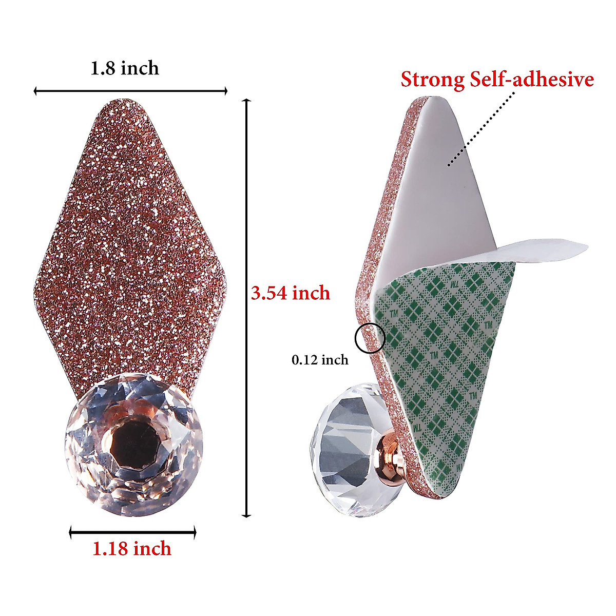 Baoswi 4 Pack Self Adhesive Wall Hooks, Diamond Shaped Crystal Glass Hooks Hat Holder Necklace Holders Wall Mounted Jewelry Organizer Clothes Hooks Hat Storage Hat Rack for Wall (Rose Gold)