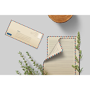 Vintage Airmail Stationery Paper Set, 100-Piece Set (50 Lined Sheets + 50 Matching Envelopes), Letter Size 8.5 x 11 inch, Double Sided & Lined Paper, by Better Office Products