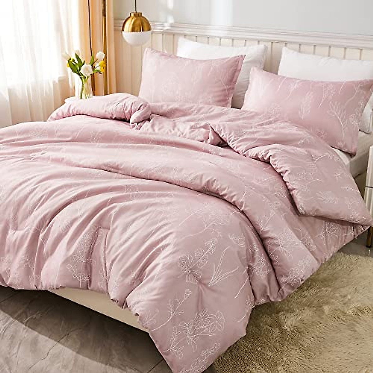 Litanika Pink Full Size Comforter Sets for Girls, 3 Pieces Cute Blush Floral Women Lightweight Bedding Comforter Sets, Flowers Soft Bed Set Gift Choice All Season (79x90In Comforter, 2 Pillowcases)