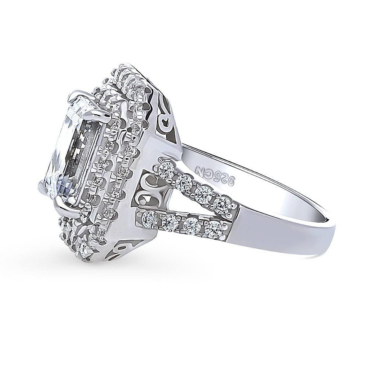 BERRICLE Sterling Silver Halo Wedding Engagement Rings Emerald Cut Cubic Zirconia CZ Statement Cocktail Split Shank Ring for Women, Rhodium Plated Size 8
