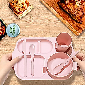 24 Pcs Wheat Straw Dinnerware Cutlery Set Including Kids Toddlers Divided Plates Microwave Dishwasher Safe Bowl Unbreakable Tableware Straw Cutlery Spoon Knife Fork Cup (Beige/Pink/Green/Blue)