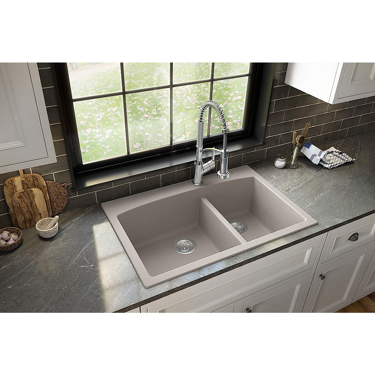 Karran QT-711 Drop-In Quartz Composite 33 in. 1-Hole 60/40 Double Bowl Kitchen Sink Kit in Concrete