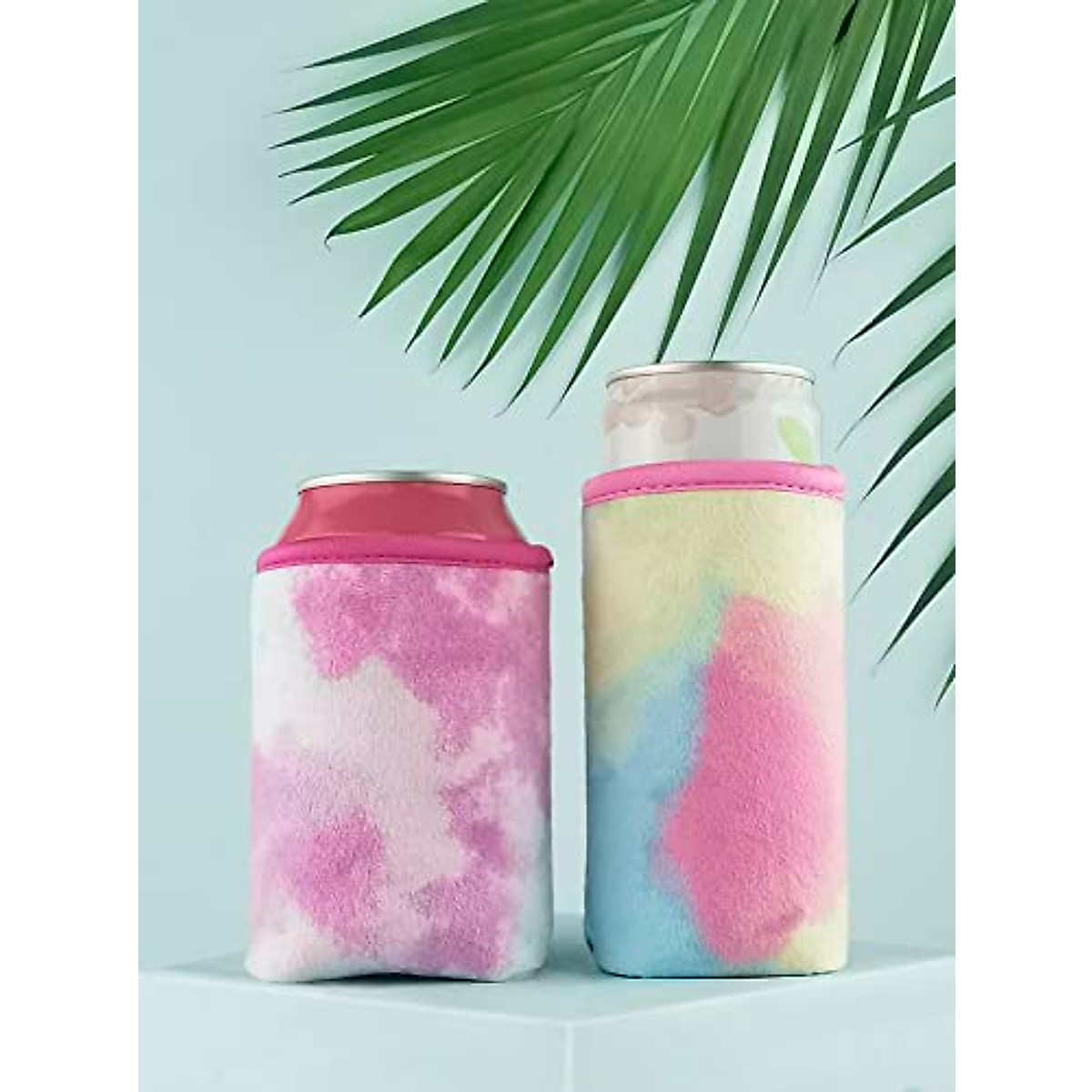 BAGnoREGio 4-Pack Tie Dye Faux Fur Neoprene 12oz Beer Can Cooler Sleeves, Fuzzy Plush Velvet Soda Can Koozies (Rainbow Multi color)