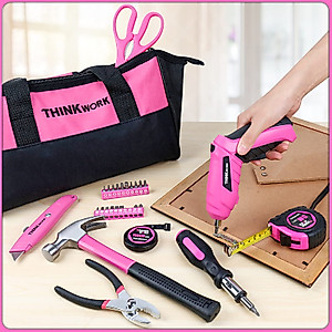 THINKWORK 41 Piece Pink Tool Set - Lady's Hand Tool Set with 3.6V Rotatable Electric Screwdriver, Home Repairing Tool Kit for Women with Large Mouth Open Tool Bag, Perfect for Home DIY, Daily Use