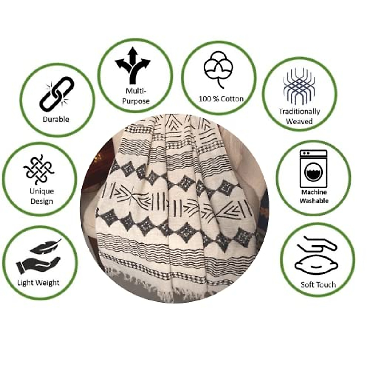 InstyleCraft - Cotton Throw Blanket - Woven Warm Boho Decor Couch Chair Sofa Bed Kitchen Living Room - Block-Printed - Chair Blanket with Tassels for Outdoor Camping Beach Picnic