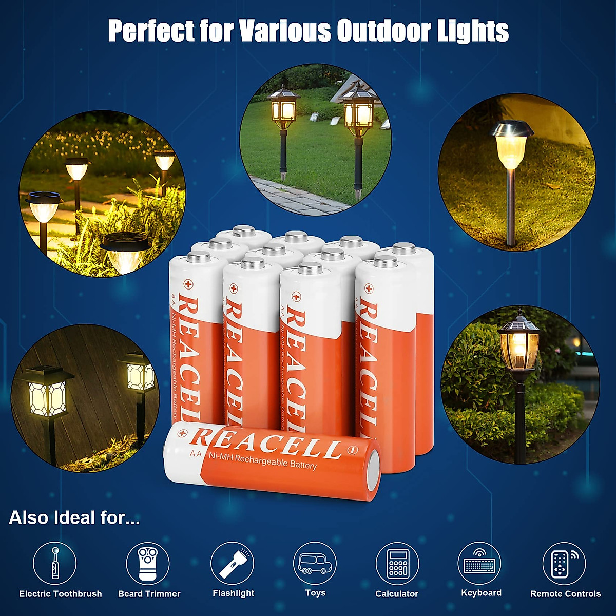 REACELL 24 Packs AA Rechargeable Batteries, 1.2V NiMH Rechargable Solar AA Battery for Household Devices, Outdoor Solar Lights, Toys, Garden Lights, 1200mAh Double A Battery