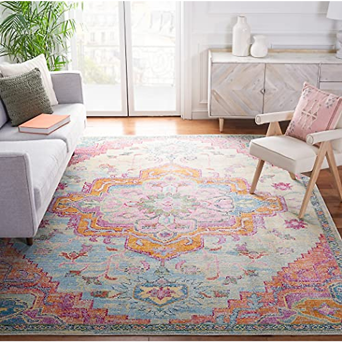 SAFAVIEH Crystal Collection Area Rug - 8' x 10', Light Blue & Fuchsia, Medallion Distressed Design, Non-Shedding & Easy Care, Ideal for High Traffic Areas in Living Room, Bedroom (CRS501B)
