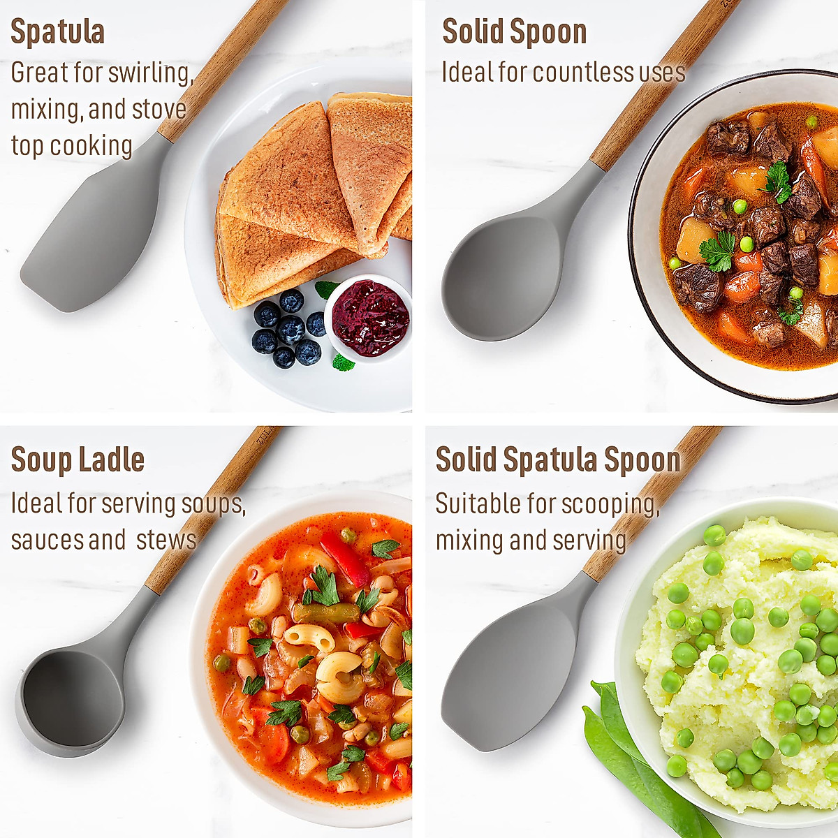 Zulay (8 Piece) Silicone Kitchen Utensils Set For Cooking - Non-Stick Silicone Cooking Utensils Set With Acacia Wood Handle - Heat Resistant Spatula Set - Flexible Silicone Kitchen Set