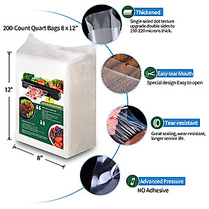 200 Vacuum Sealer Bags, 8 x 12 inch Thick BPA Free Quart Food Vac Storage Bags Compatible with All Vac Machines, Food Saver, Seal a Meal, Weston, Commercial Grade Precut Meal Prep Sous Vide Bags