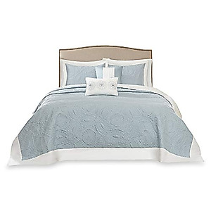 Madison Park Ashbury Bedspread Set - Luxury Textured Quilt, All Season, Large Lightweight Coverlet, Cozy Bedding, Matching Shams, Medallion Blue, Oversized King (120 in x 118 in)