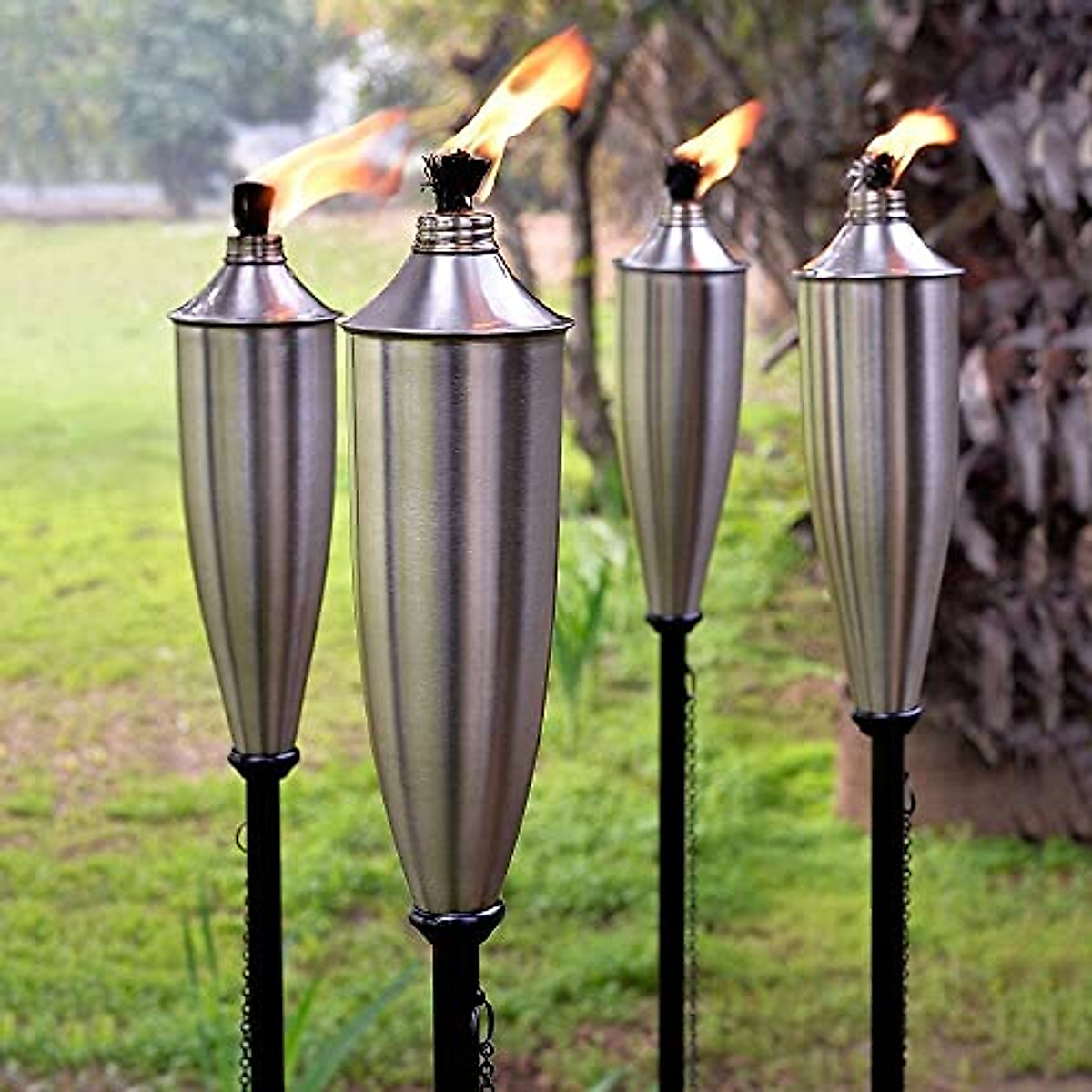 Garden Torch Set of 4 Garden Backyard Landscape Lanterns - 60 Inch Citronella Patio Metal Torch (Satin Silver) by Deco Window
