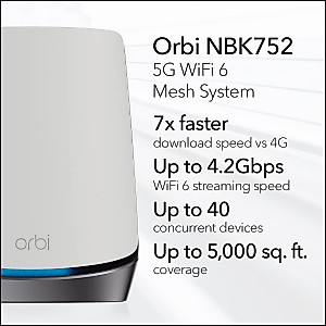 NETGEAR Orbi 5G Tri-Band WiFi 6 Mesh System (NBK752) – Router with 1 Satellite Extender | Coverage up to 5,000 sq. ft, 40 Devices | AX4200 (Up to 4.2Gbps)