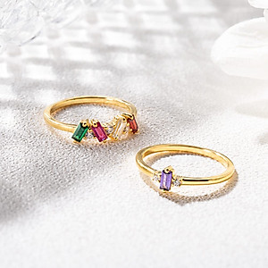 AILIN Custom Rectangular Birthstone Rings For Women 925 Sterling Silver Cubic Zirconia Stackable Statement Rings Personalized 1-6 Stones Anniversary Rings For Mom Family Gifts For Grandmother Mother