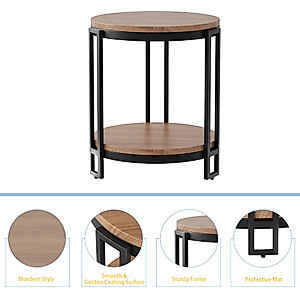 Alunaune Industrial End Table, 2-Tier Marble Look Round Side Table, Small Modern Storage Shelf Black Metal Coffee Table Nightstand for Living Room Bedroom-Brown with Black Leg