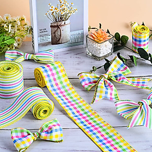 4 Roll 20 Yard Easter Buffalo Plaid Stripe Wired Ribbon, 2.5in Pink Blue Yellow Green Gingham Ribbon for Easter Favors Gift Wrapping Spring Home Decor DIY Crafts Hairbow Wreath Bouquet Craft Supplies