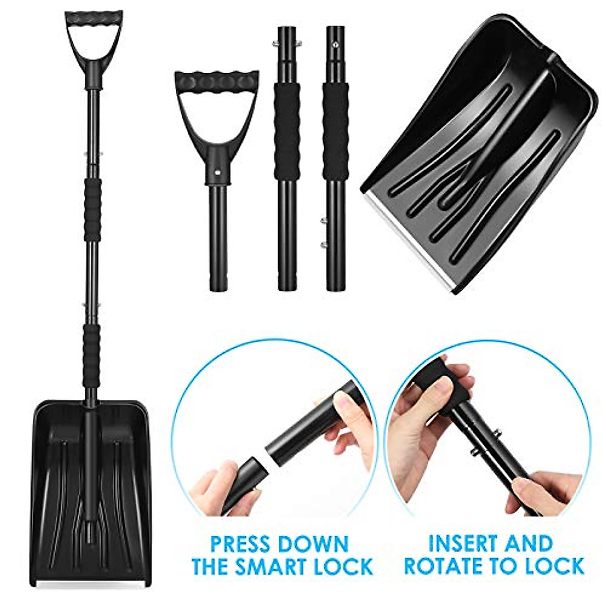 CLISPEED Portable Snow Shovel with D-Grip Handle for Car Truck Camping and Other Outdoor Activities (Black)