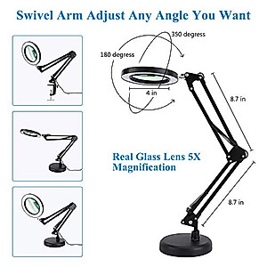 Magnifying Glass with Light, Magnifying Glass LED Desk Lamp-3 Colors Illuminated,9 Levels Dimmable,Foldable Metal Arms and Adjustable Clamp,5X Magnifying Light for Office/Work/Study (Black)